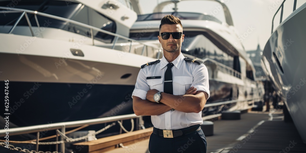 confident captain standing in front of a luxury yacht. The captain ...