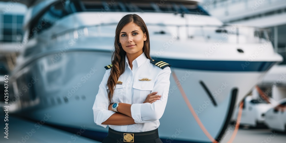woman captain standing proudly in front of a luxurious yacht ...