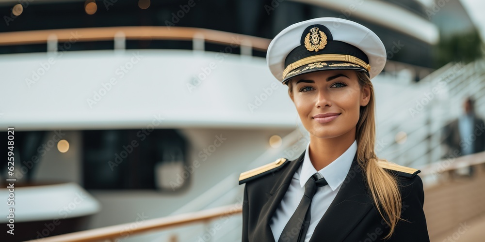 woman captain standing proudly in front of a luxurious yacht ...