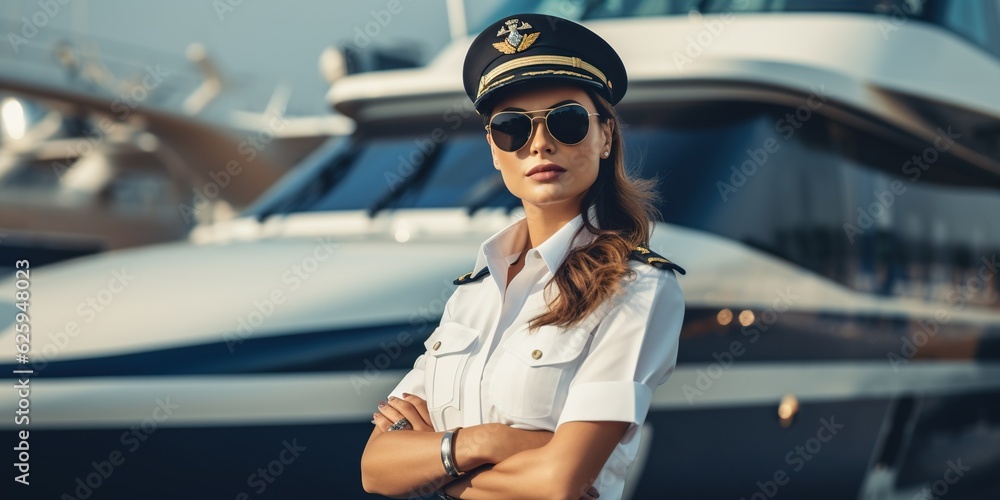 woman captain standing proudly in front of a luxurious yacht ...