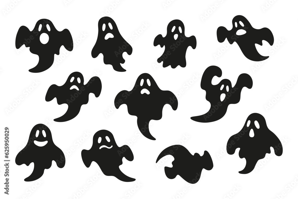 Black ghost set. Halloween clipart on transparent background. Stock ...