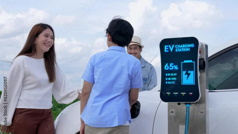 Modern family travel and nature with eco-friendly EV car concept ...