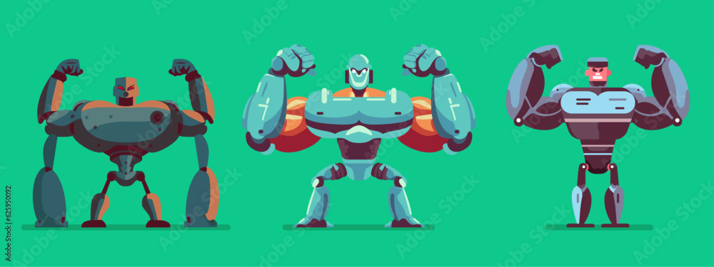 Three powerful fighter robots, muscular robots showing their metallic ...