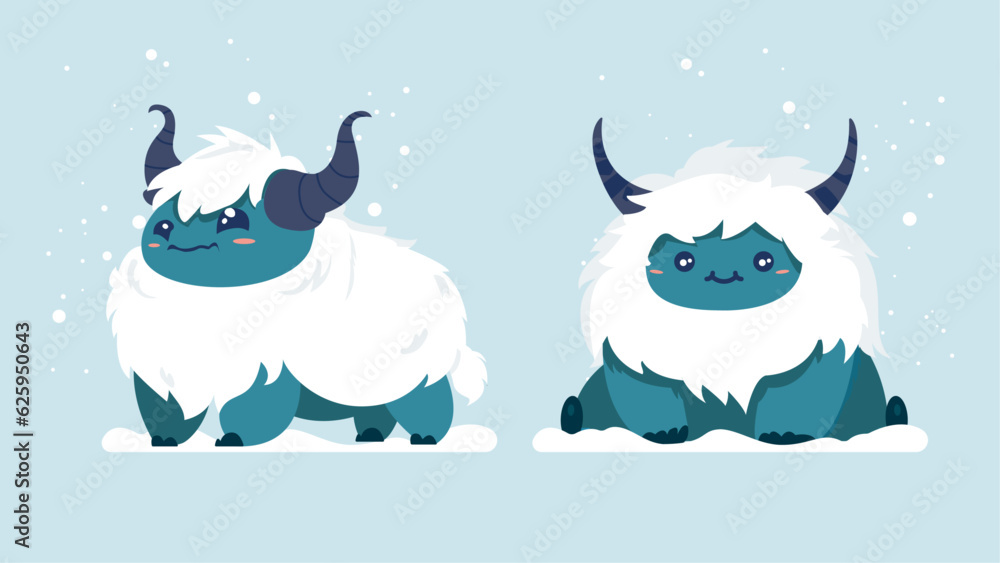 Cute yeti animal with tiny body, monster character design set, lovely ice beast with furry body ...