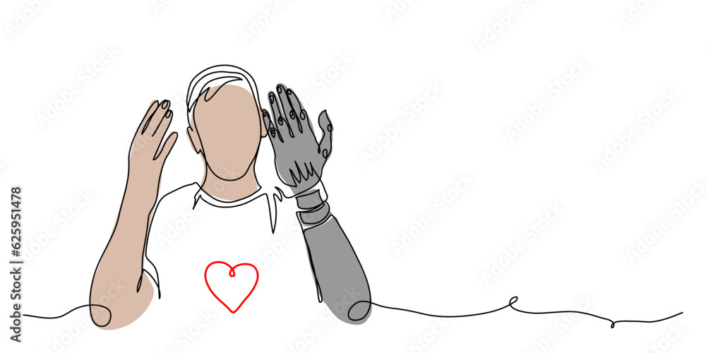 Man demonstrates prosthetic arm, hand, limb prosthesis. One continuous ...