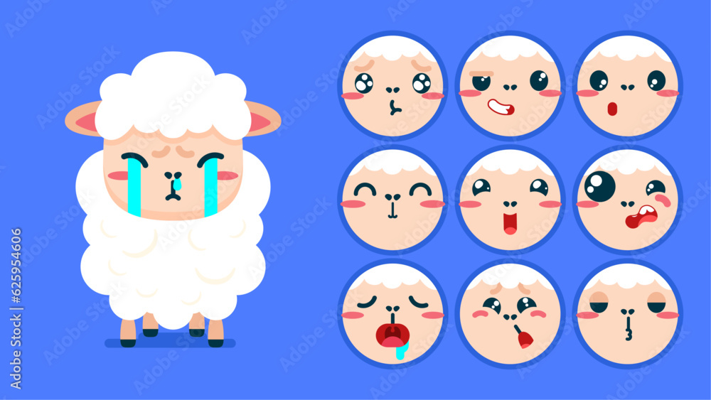 Cute sheep, set of animal emotions, tiny sheep with emoji collocation ...
