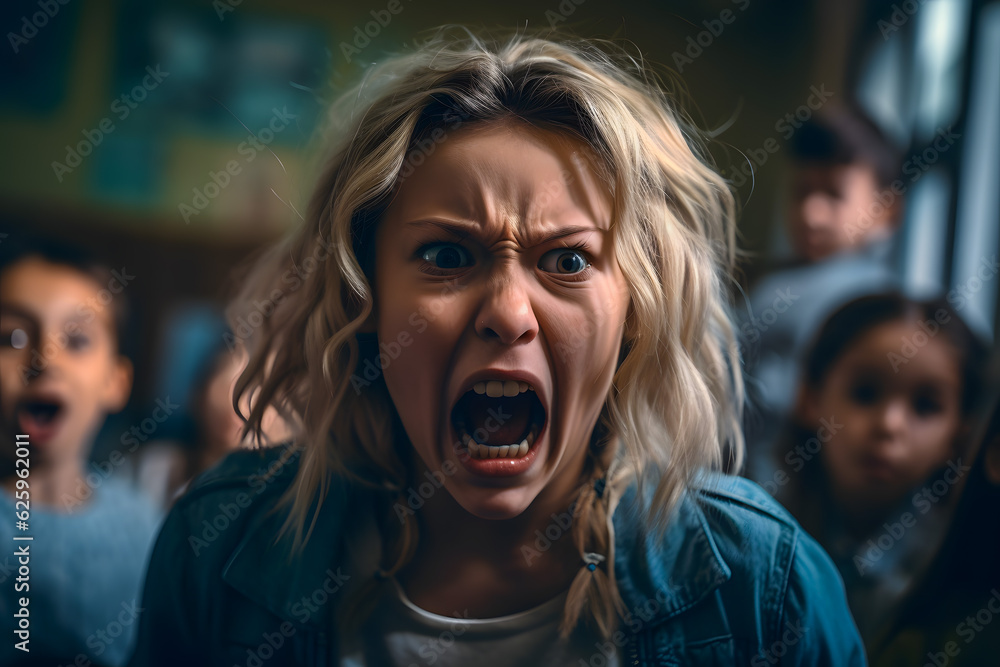 Educational concept theme, portrait of the angry teacher woman yells at ...