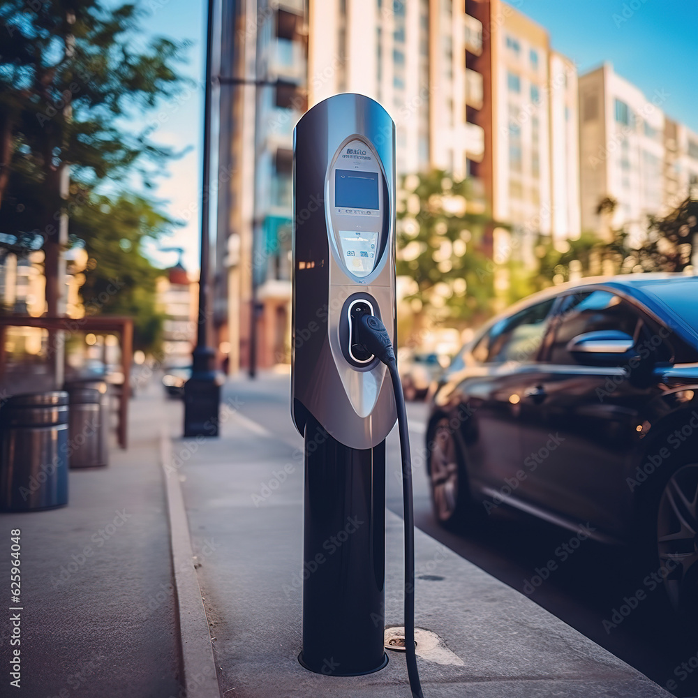 EV public charging station on the street. Created with generative AI ...