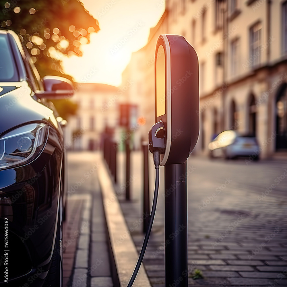 EV public charging station on the street. Created with generative AI ...