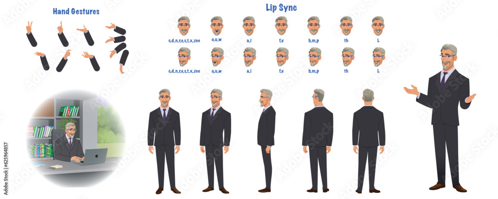 Set of male principal design. Character Model sheet. Front, side, back ...