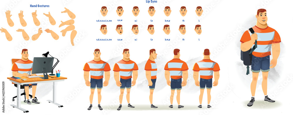Set of man character design. Character Model sheet. Front, side, back ...