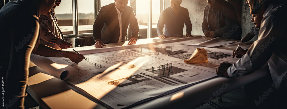 people in the group working together while using planning drawings ...