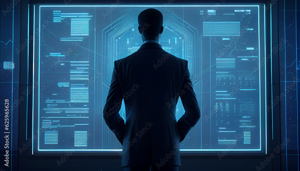 Back view silhouette of modern businessman interacting with futuristic ...