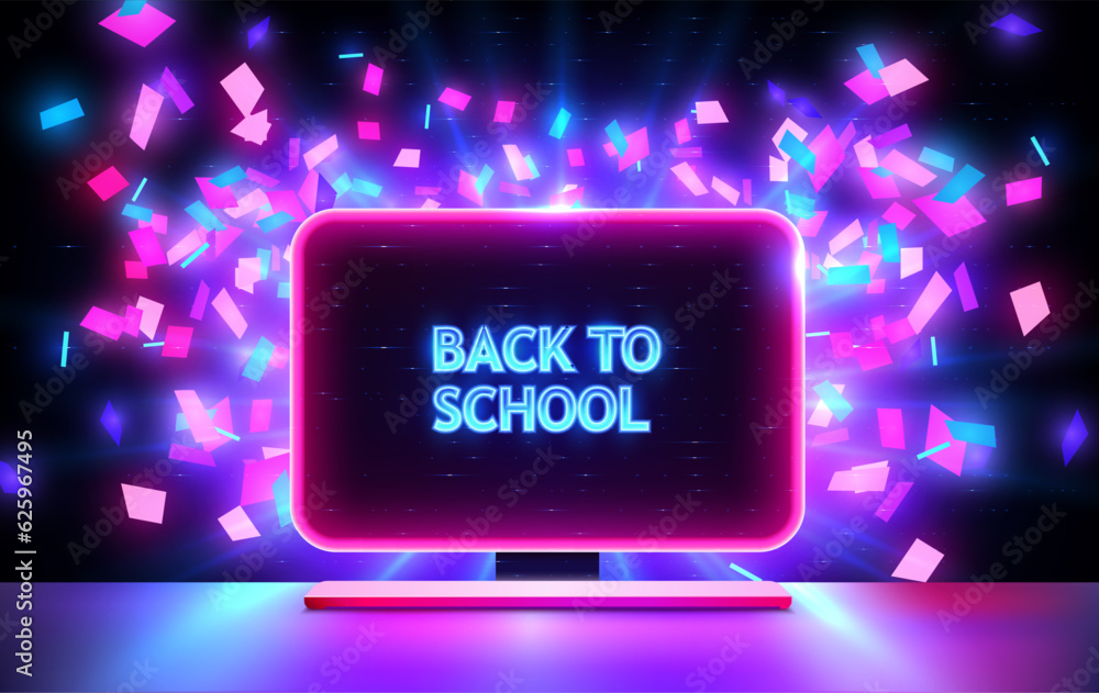 Play Computer game. Portable neon computer with a blank screen and a ...