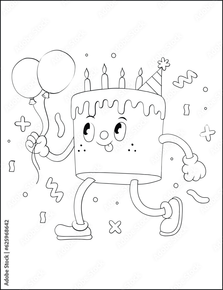 Coloring page; black and white vector illustration; birthday cake. Cute ...