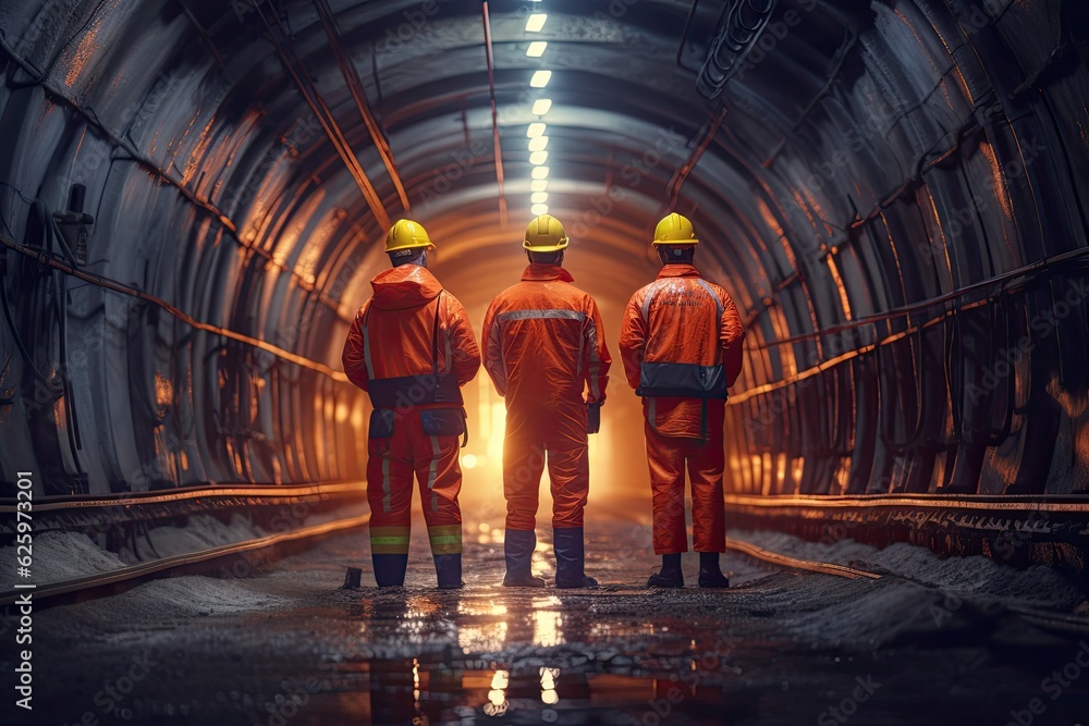 A Team of Workers wearing safety gear work underground together in the ...
