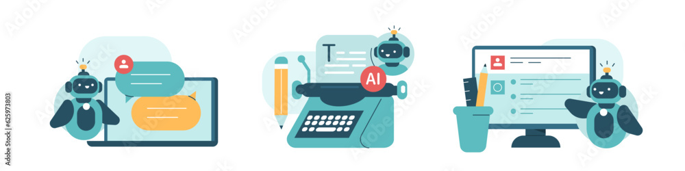 Vetor de Artificial intelligence illustrations set. Collections of scenes with AI chat bot using ...