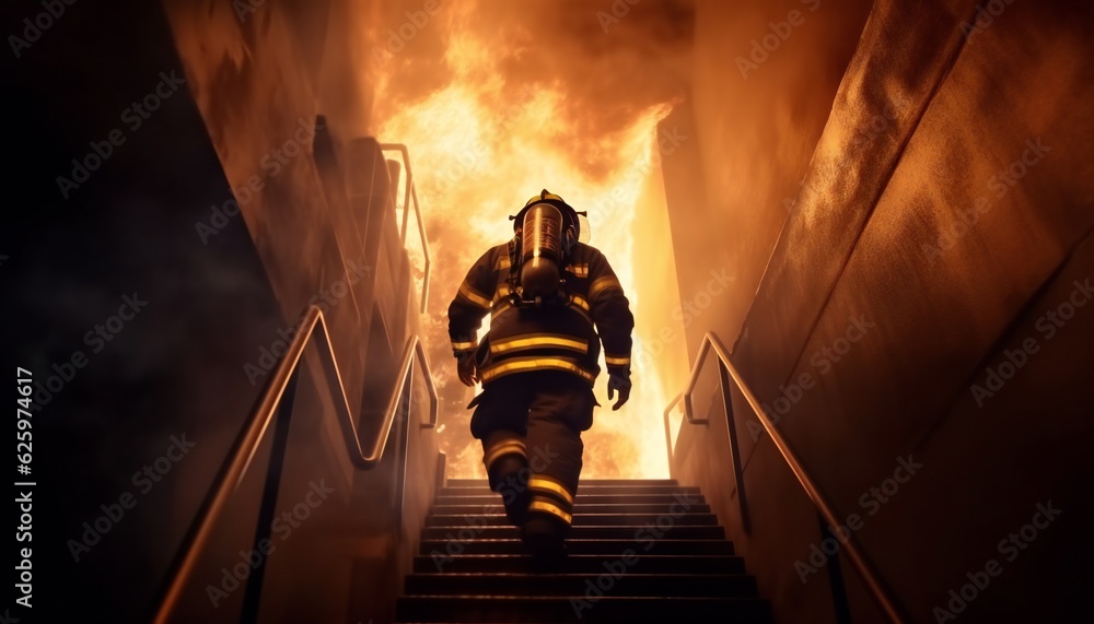 Strong and brave firefighter going up the stairs in a burning building ...