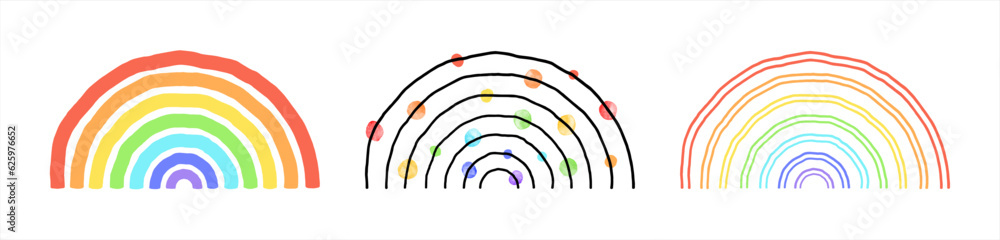 Hand drawn arc rainbow set, collection. Uneven curved lines, stripes ...