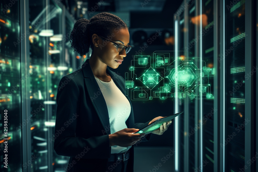 Data Center Female Programmer Using Laptop Computer, Maintenance IT Specialist. In Cloud ...