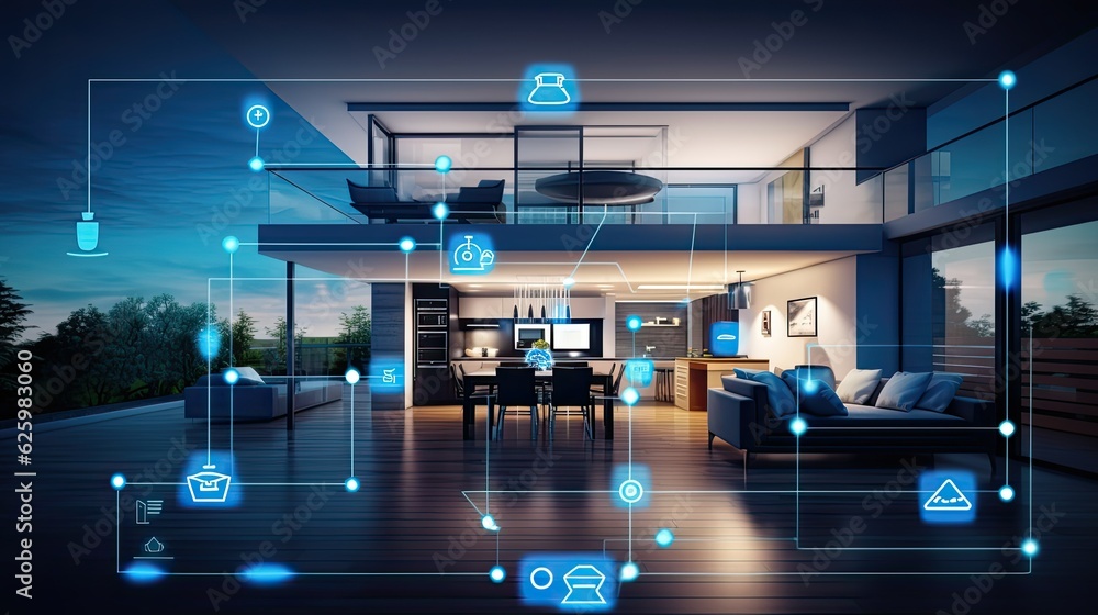 ภาพประกอบสต็อก Interior of AI augmented reality smart home, Modern ...