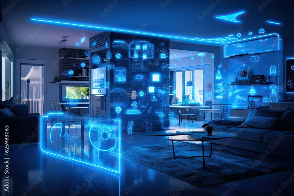 Interior of AI augmented reality smart home, Modern smart home ...