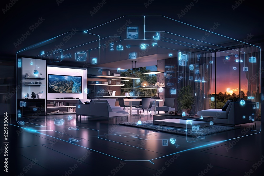 Interior of AI augmented reality smart home, Modern smart home ...