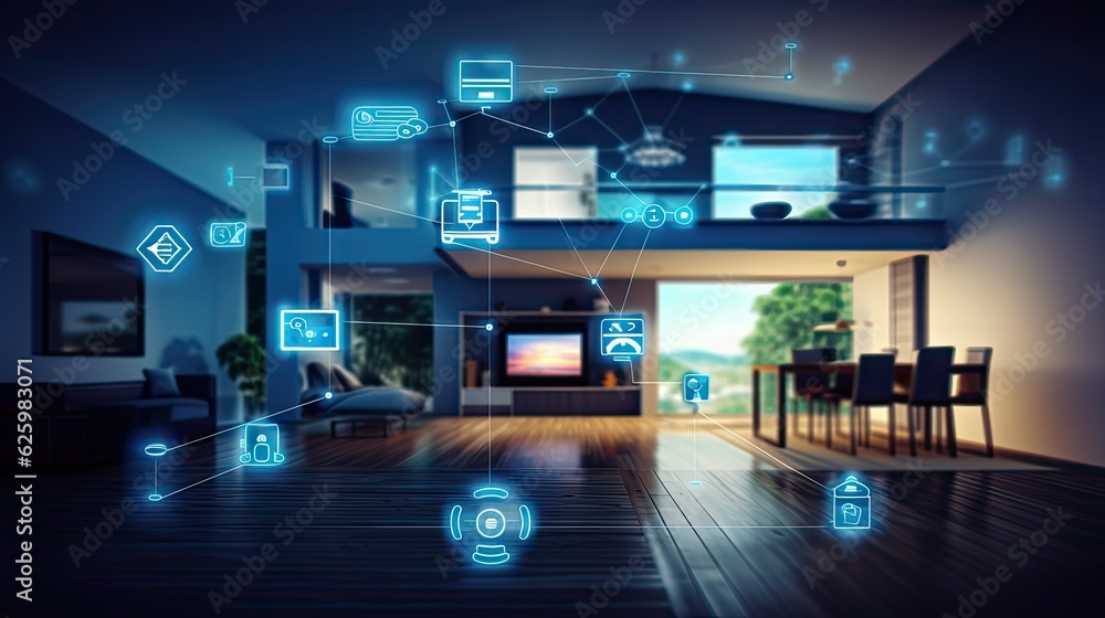 Interior of AI augmented reality smart home, Modern smart home ...