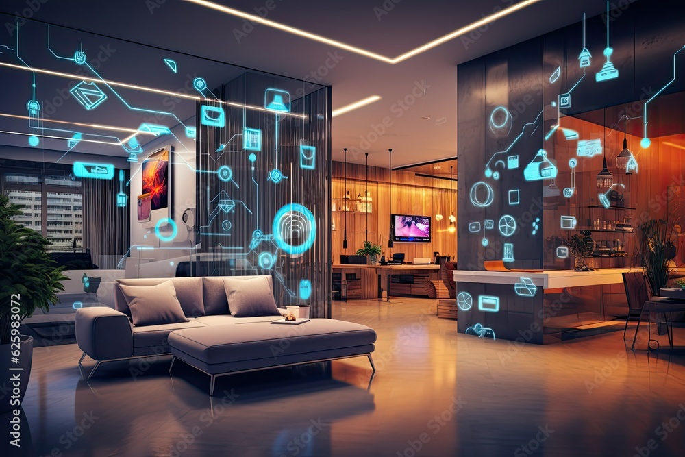 Interior of AI augmented reality smart home, Modern smart home ...