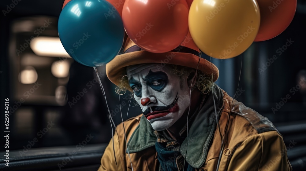 Depressed Clown. Sad Clown with Colorful Balloons. Sad Old Clown ...