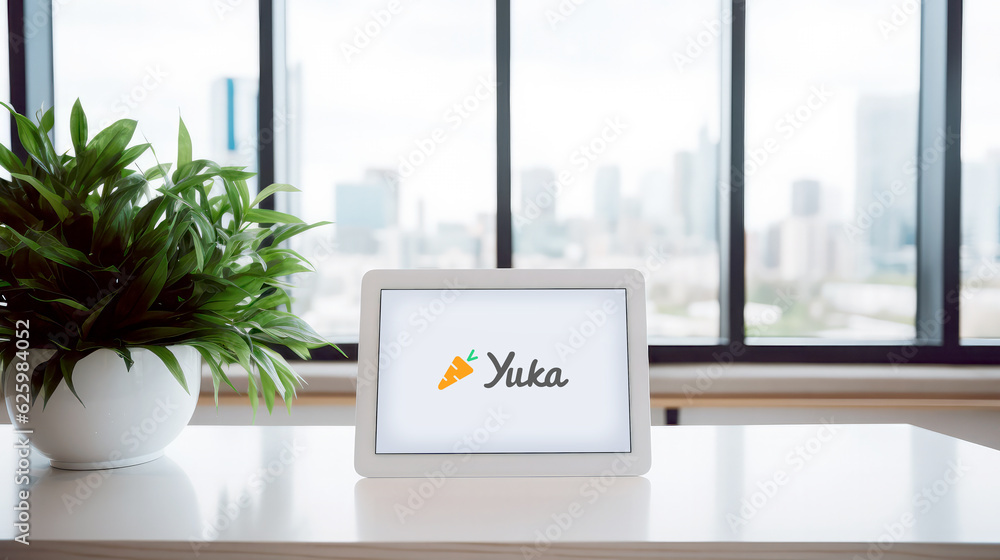 Tablet running Yuka application, placed on the desk of a modern bright ...