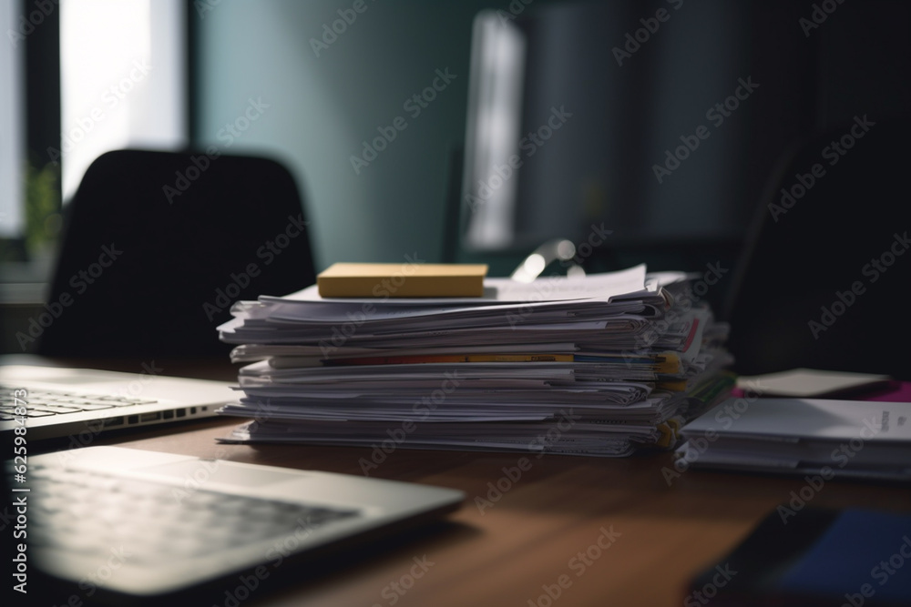 Efficient Workspace Laptop and Piles of Documents on Modern Desk AI ...