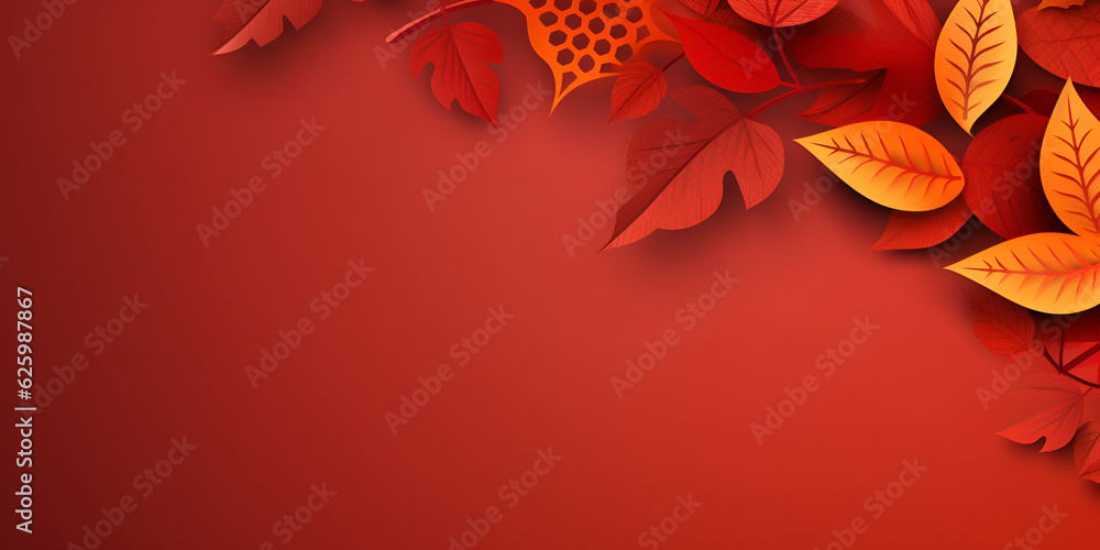 Paper cut autumn leaves on red background. Seasonal background with ...