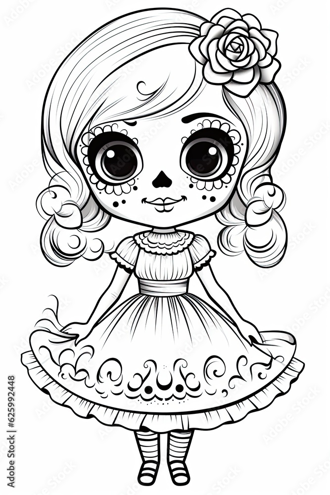 Dia de los Muertos coloring page for kids and adults illustration ...