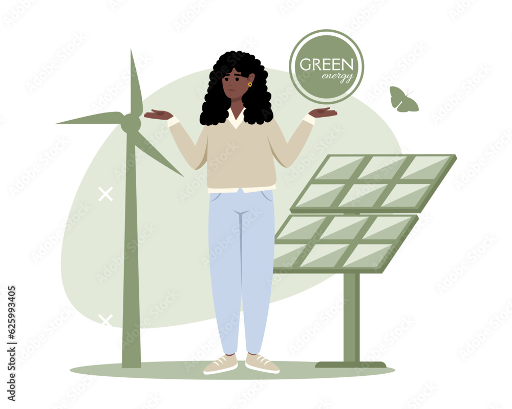 Green energy illustration set. Characters reduce energy consumption at ...