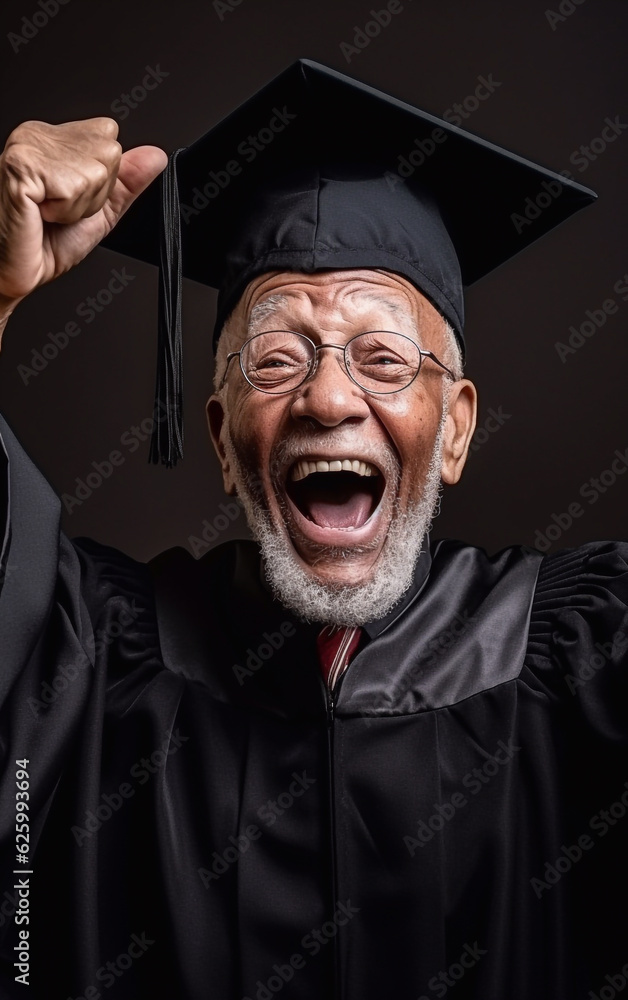 Elderly man rejoicing after graduating, wearing black tunic and cap on ...