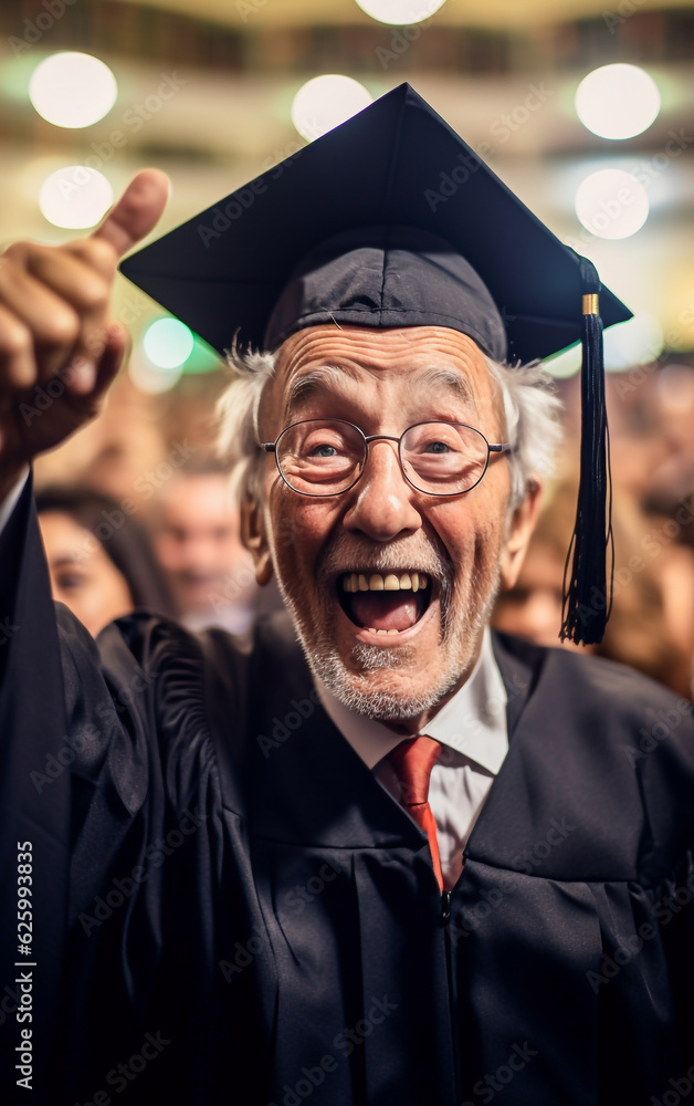 Elderly man rejoicing after graduating, wearing black tunic and cap on ...