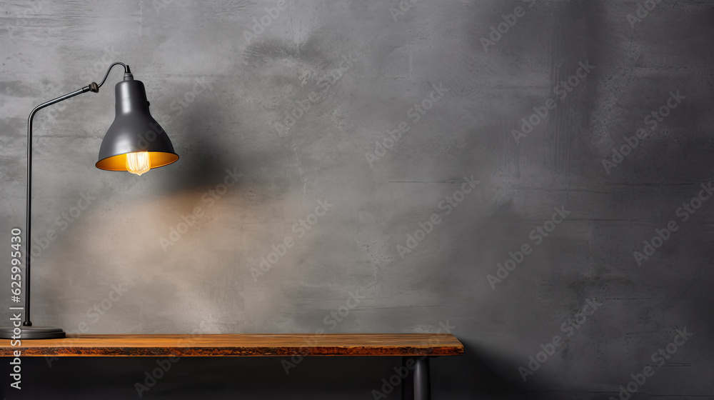 Gray wall with lighting from a black metal lamp; minimalist background ...