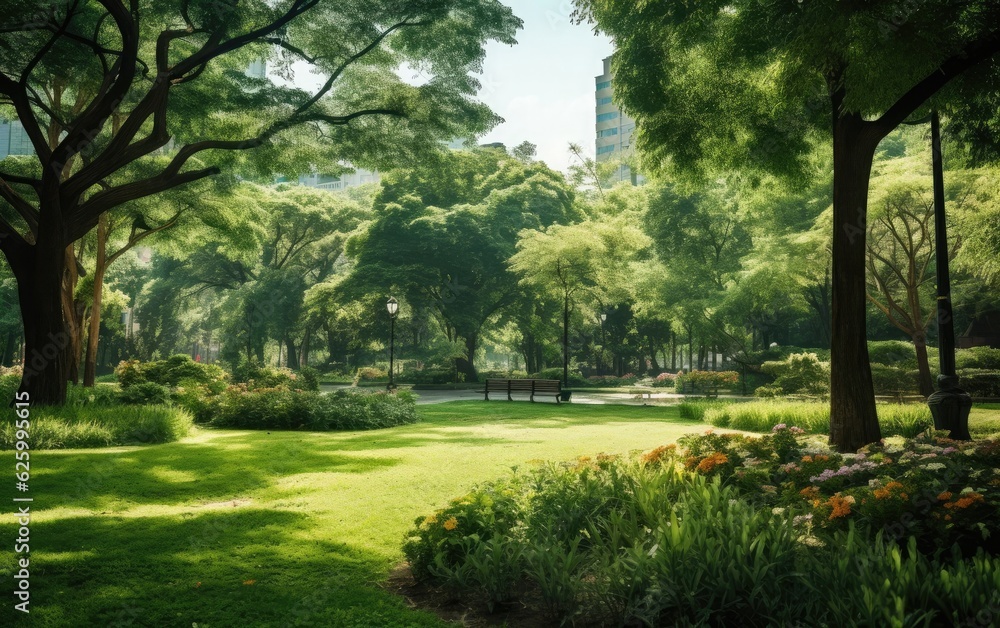 Lush green city park filled with various types of trees, plants, and ...