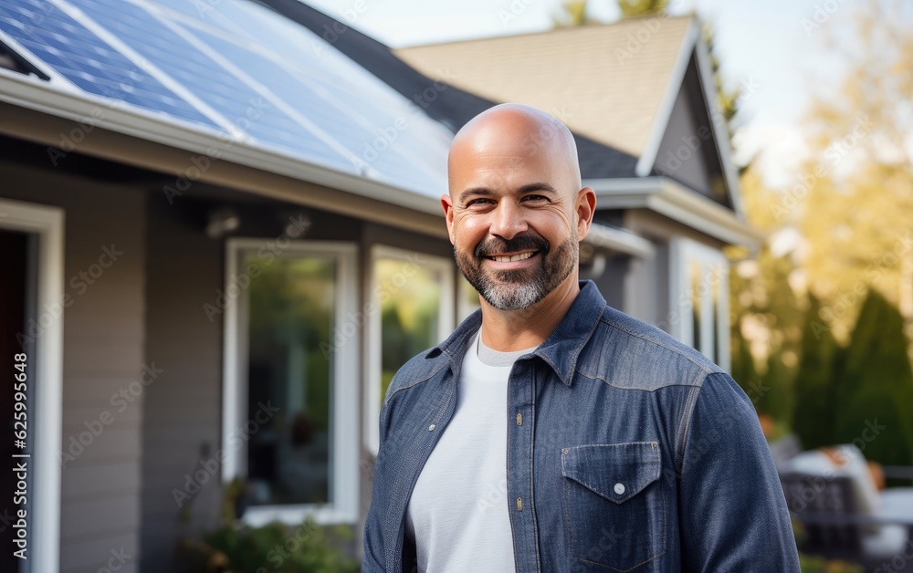 A homeowner standing next to residential solar panels, illustrating the ...