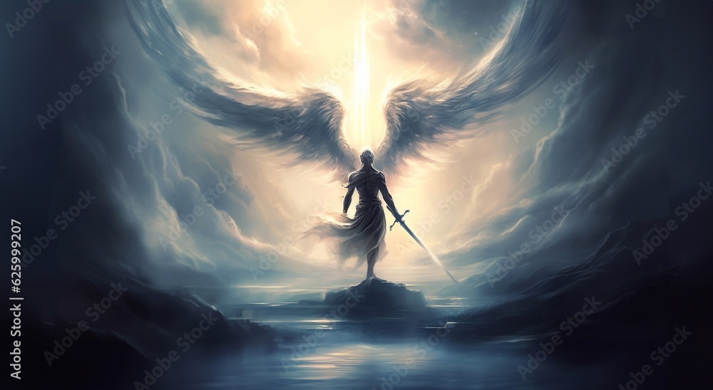 An angel with a battle sword in his hand descends from heaven to earth through the clouds, the ...
