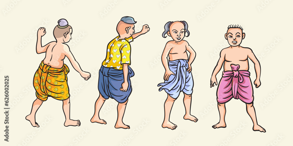 Thai cartoons, Thai folk characters, various gestures. pop art retro ...