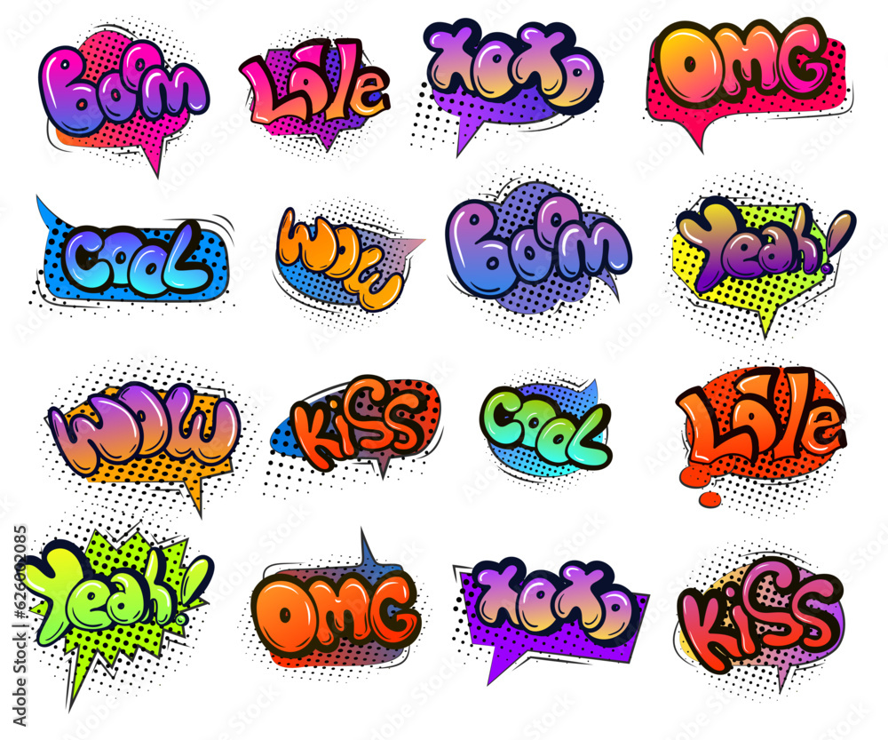 Comic speech bubbles set with different emotions and text. comic bubble ...
