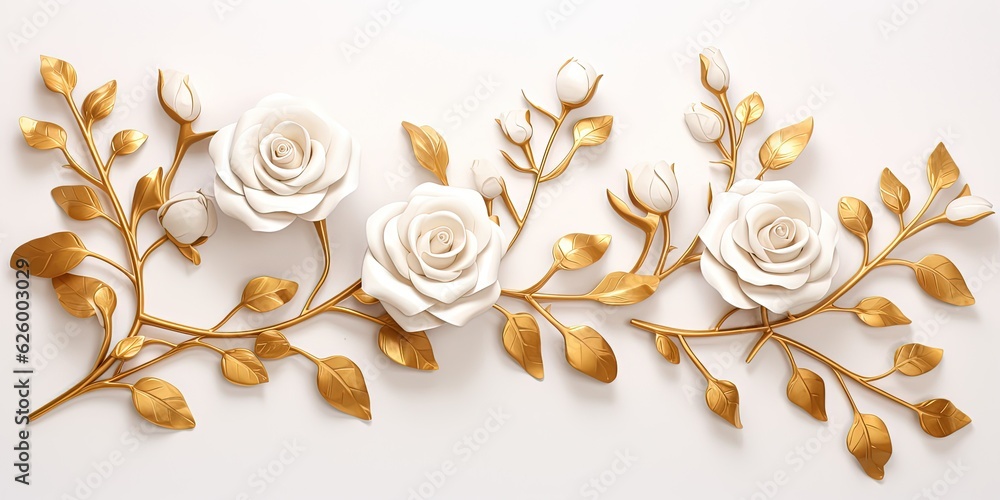 gold rose buds, 3d white vines, 3d gold stems, white background Stock ...