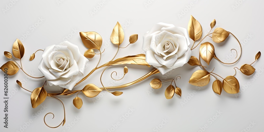 gold rose buds, 3d white vines, 3d gold stems, white background Stock ...