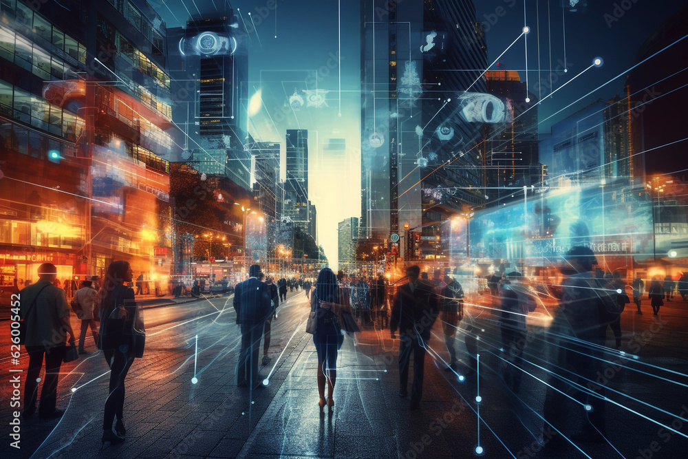 Walking business people are tracked with CCTV AI facial recognition ...