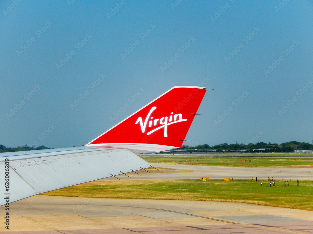 London, England, UK - 14 June 2023: Curved fuel saving winglet on the ...