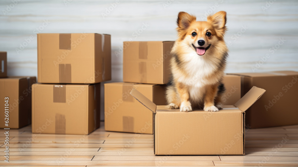 Corgi dog in cardboard boxes for moving. Created with Generative AI ...