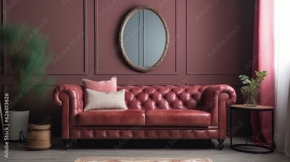 front view mock up room leather classic sofa with wall backdrop ...