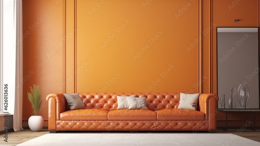 front view mock up room leather classic sofa with wall backdrop ...